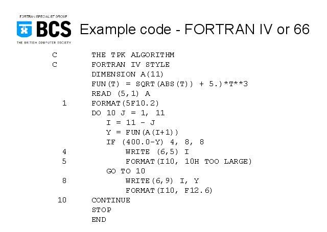 Example Code FORTRAN IV Or 66